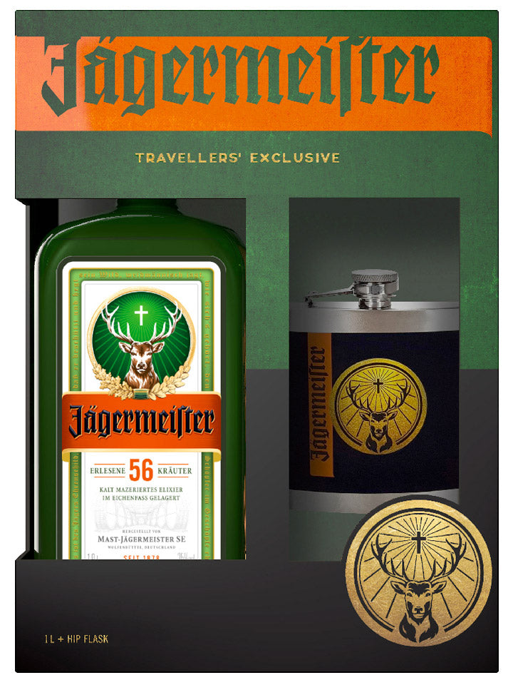 Jagermeister Herb Liqueur + Hip Flask Gift Pack 1L – The Drink Society